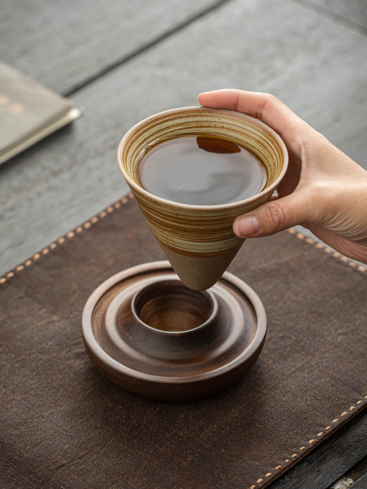 Handmade Cone Ceramic Mug with Wooden Saucer – Retro Stoneware Cup for ...